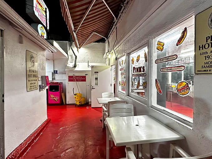 The covered seating area offers shelter from the elements while you demolish your chili-covered masterpiece in peace.