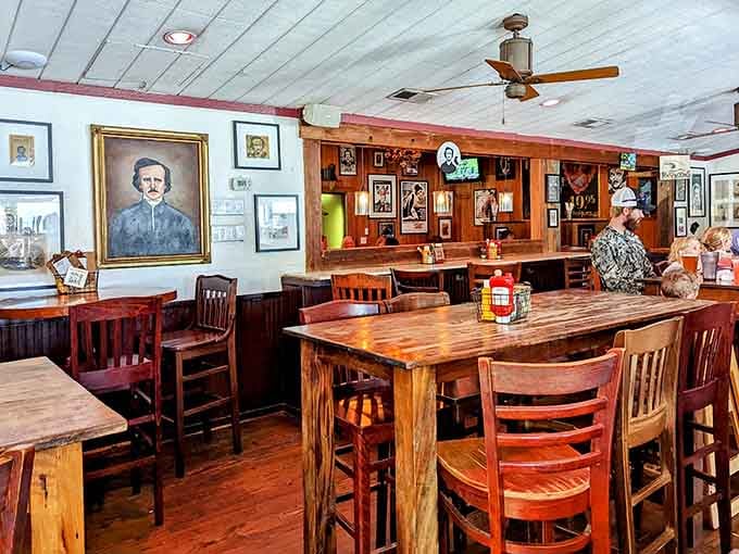 Edgar Allan Poe watches over diners from multiple angles, creating an atmosphere that's equal parts quirky and comfortable.