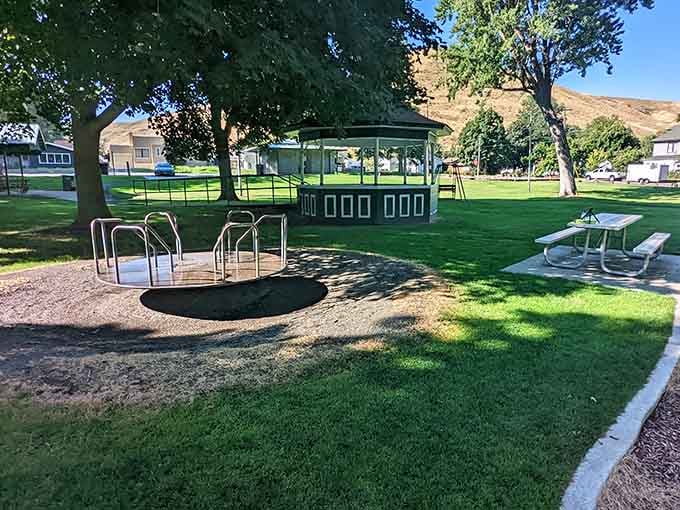 Green spaces and playground equipment where kids still play outside instead of staring at screens all day.