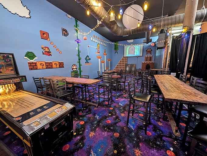 Where Pac-Man ghosts dance on the walls and the floor looks like you're walking through the cosmos itself.