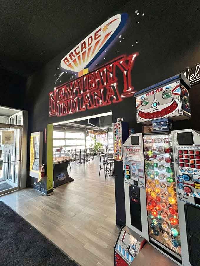 That glowing neon "New Albany Indiana" sign welcomes you into a world where quarters are obsolete.