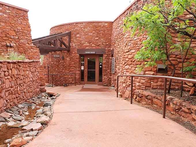 Built from the same red sandstone it celebrates, this visitor center practices what it preaches about blending with nature.