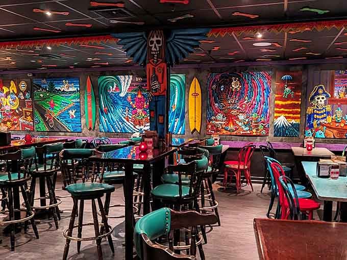 Skeleton surfboards and psychedelic murals create a dining room that's equal parts roadhouse and fever dream.