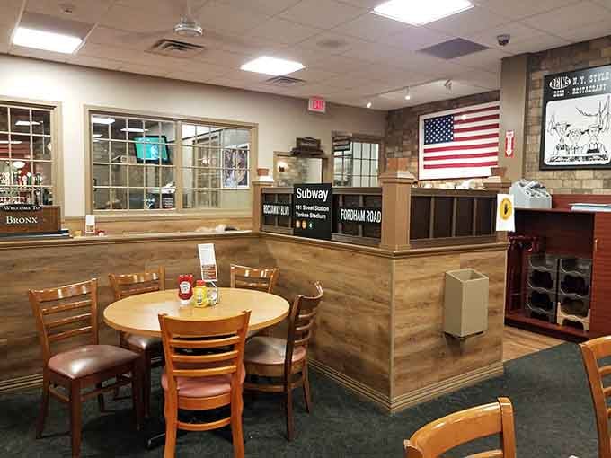 Classic deli atmosphere with subway signs and Americana, where nostalgia tastes as good as it looks.