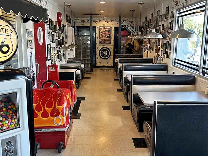 Black and white checkered floors and vintage booths create the perfect setting for your time-traveling lunch date.