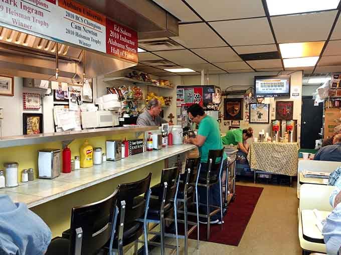 Counter seating where strangers become friends and the coffee never stops flowing, just like it should be.