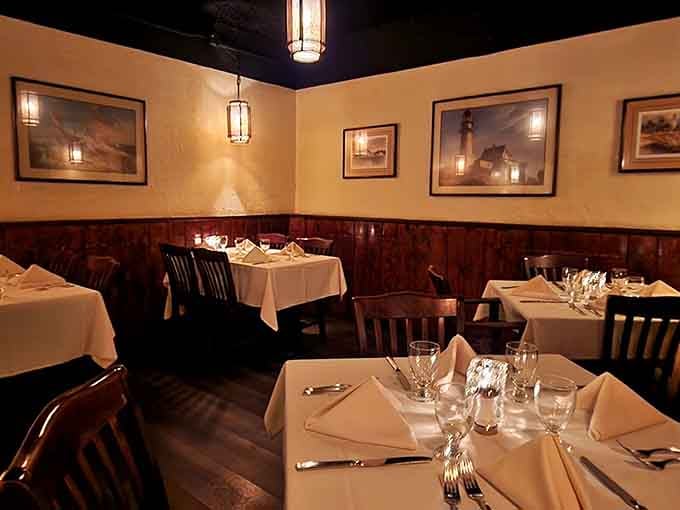 Wood paneling and white tablecloths create that classic steakhouse vibe, except the star here swims instead of moos.