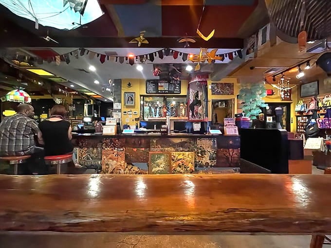 That gleaming wood bar has seen countless pizza lovers find their happy place in this whimsical wonderland of flavor.