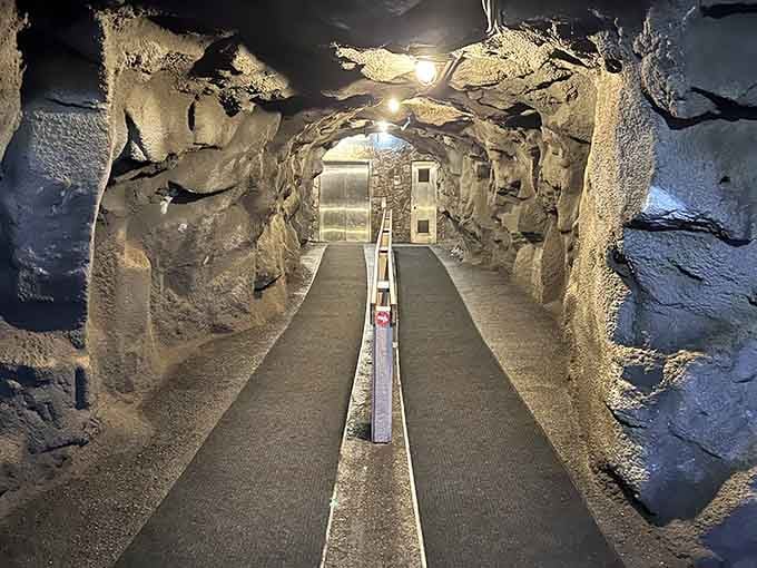 The walkway through ancient rock feels like entering a secret lair, minus the supervillain.