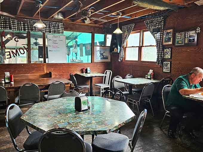 Wood paneling, exposed beams, and tables that have hosted countless seafood feasts create the perfect no-frills dining atmosphere.