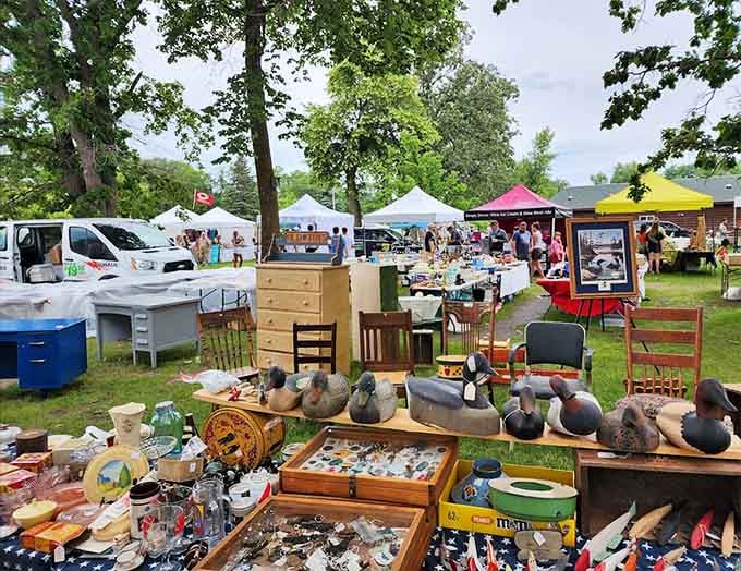 Tables overflow with vintage finds under colorful tents, creating a kaleidoscope of nostalgia that'll make your heart skip.