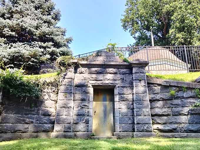 This stone mausoleum in Sleepy Hollow Cemetery makes eternal rest look surprisingly architectural and oddly peaceful.