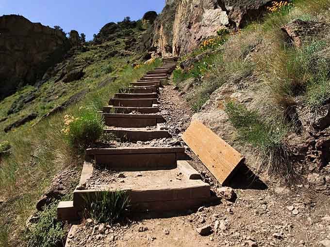These wooden stairs are your stairway to heaven, assuming heaven involves spectacular views and slightly burning quadriceps.