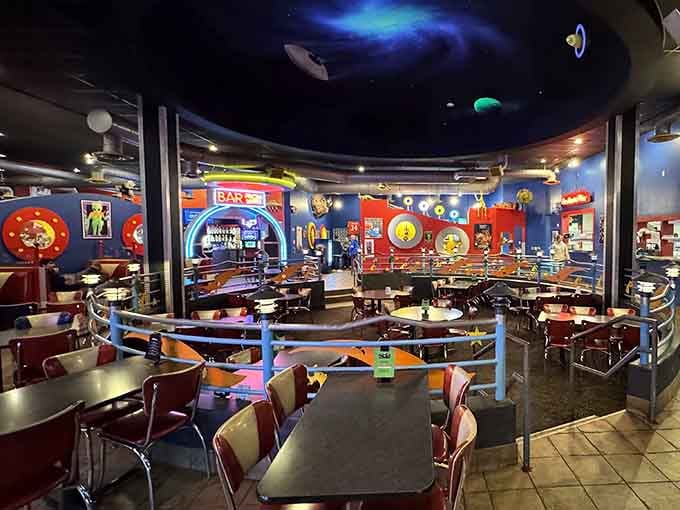 Step inside and suddenly you're dining in the galaxy's friendliest space station with stellar decor.