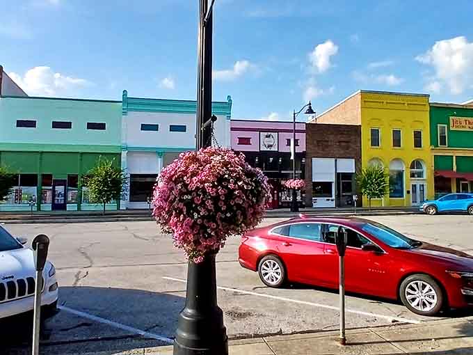 Those colorful storefronts aren't trying to be trendy; they're just Spencer being authentically, wonderfully itself.