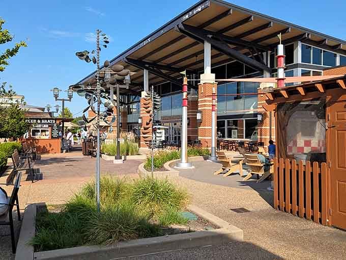 The food pavilion beckons like an oasis in the desert, except instead of water, there's pizza and ice cream.