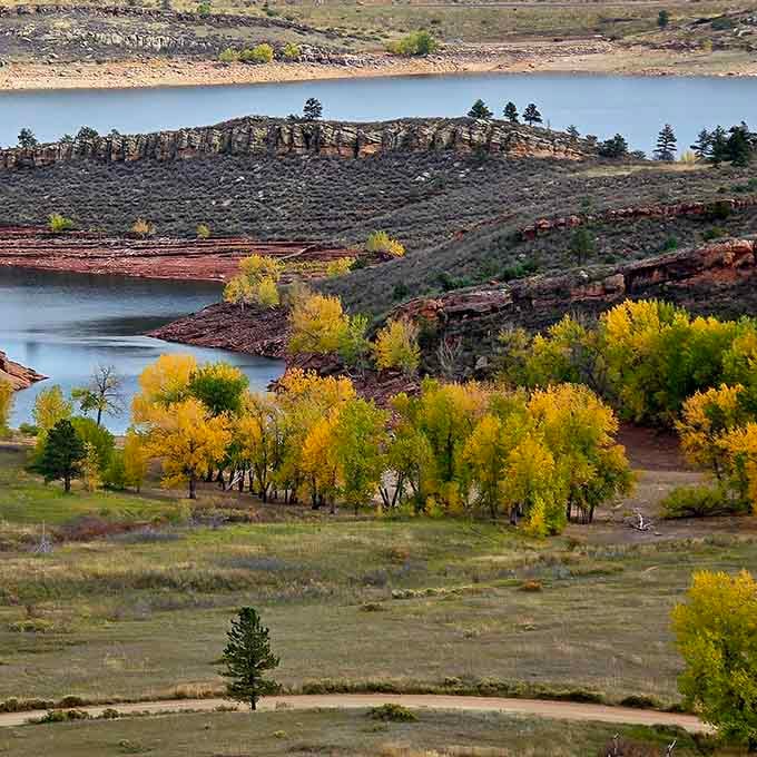 Fall's golden touch transforms Lory State Park into a painter's palette, where cottonwoods frame the reservoir like nature's own masterpiece.
