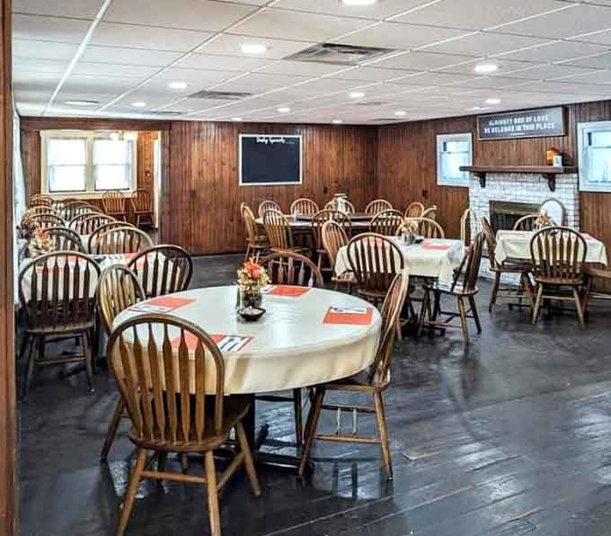 Wood paneling and Windsor chairs create the kind of cozy atmosphere where calories magically don't count.