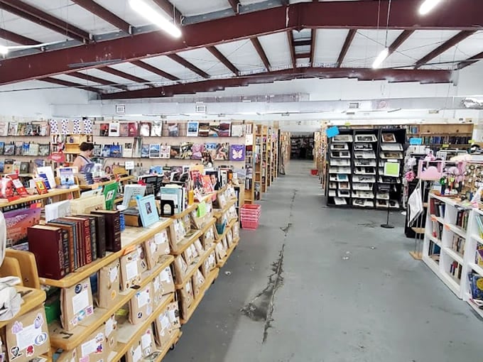 Rows of wooden shelves stretch into the distance like a literary promised land waiting to be explored.