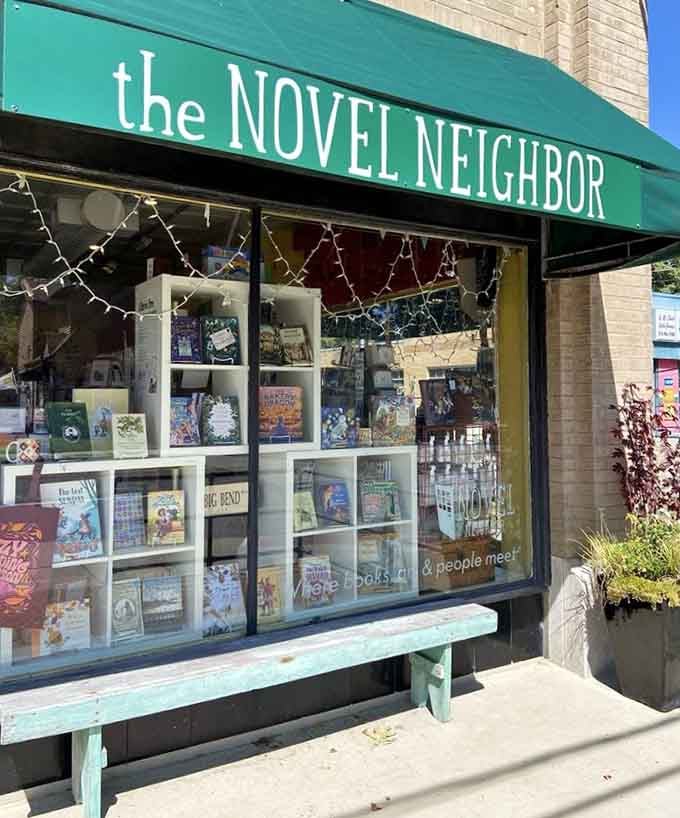 That turquoise bench outside is where you'll sit contemplating whether you really need five more books today.