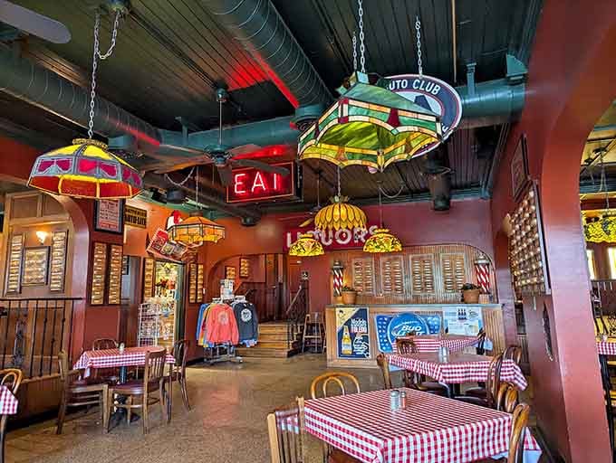 Those colorful hanging lamps and vintage signs create an atmosphere that's part diner, part museum, all delicious.