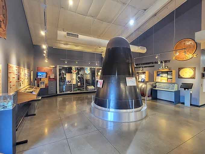 Inside, a missile nose cone stands ready to greet visitors like the world's most intimidating lawn ornament.