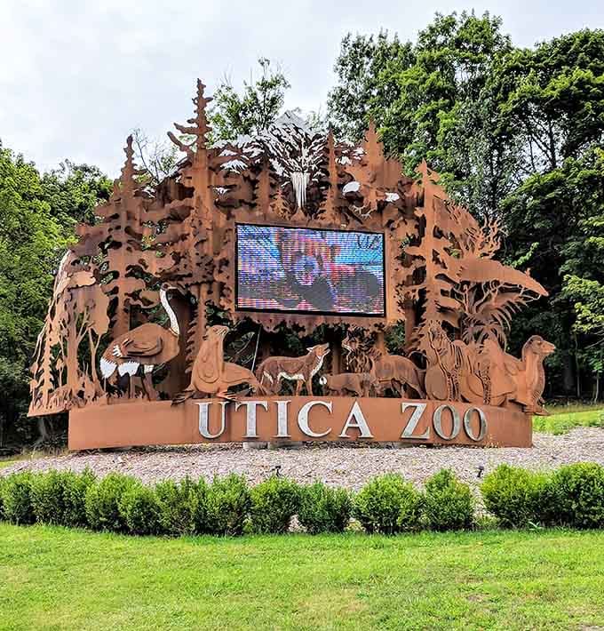 The Utica Zoo entrance welcomes visitors with artistic flair. This copper-toned masterpiece might be the only time you'll see wildlife before even buying a ticket!