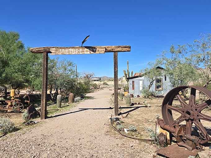 Rusted wagon wheels and weathered timber create the kind of entrance Instagram was invented to capture.
