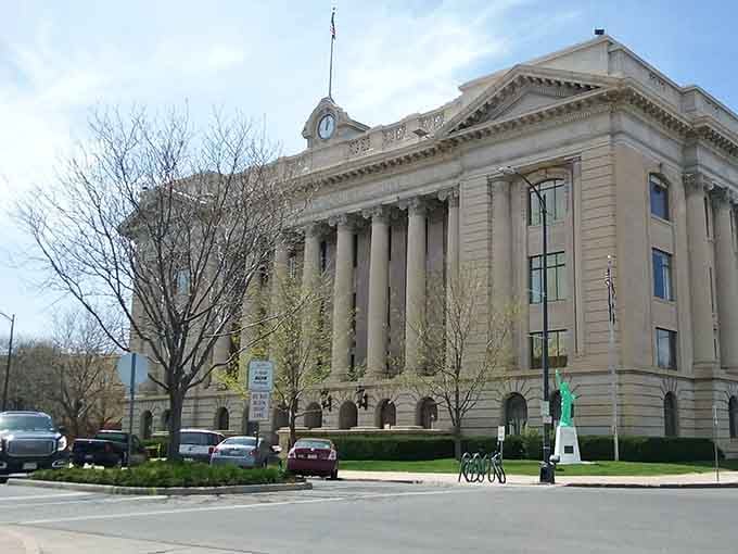 The Weld County Courthouse stands majestically with columns that say "important things happen here" and "we really liked Greek architecture."