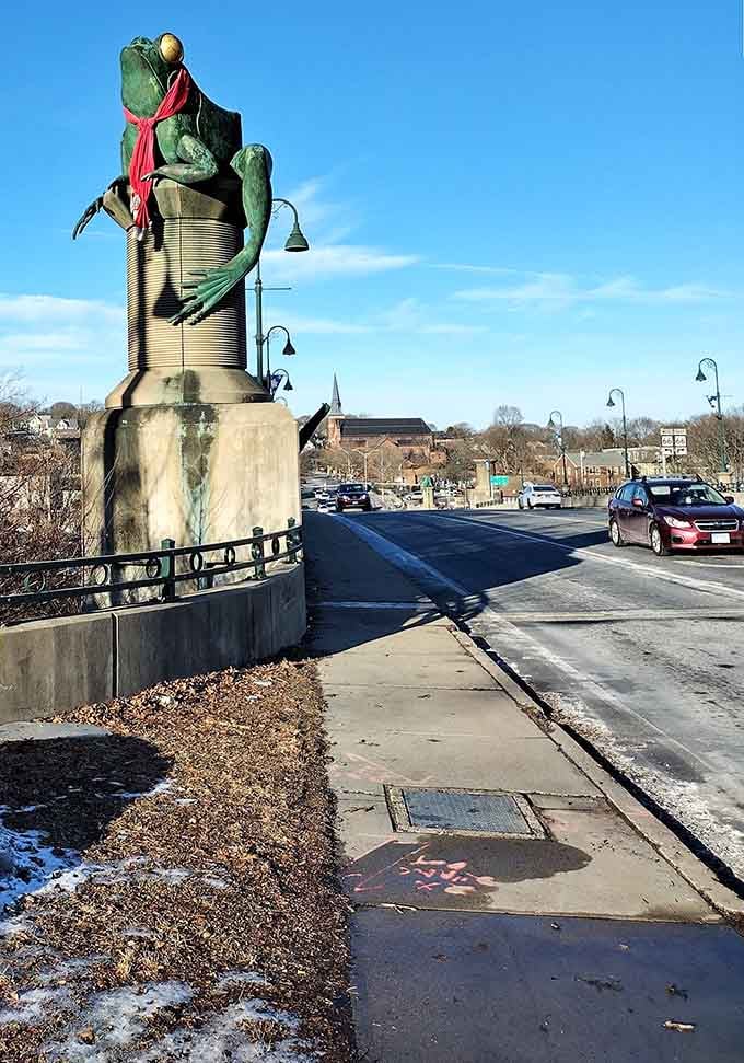 Giant bronze frogs on thread spools guarding a bridge? Sure, why not, Connecticut has always marched to its own drummer.