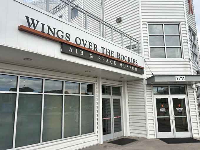 The unassuming entrance hides one of Denver's most spectacular collections of flying machines and aerospace wonders inside.