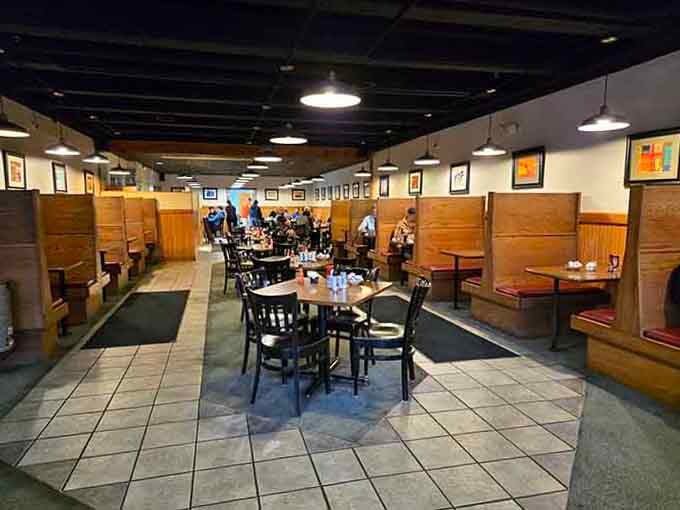 High wooden booths and bustling tables mean one thing: this place has figured out the breakfast formula perfectly.