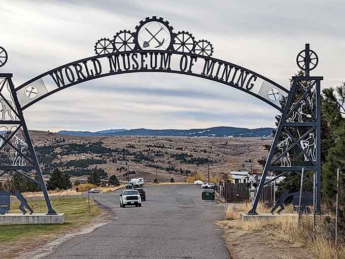 The World Museum of Mining entrance stands like a time portal to Butte's industrial heyday. Beyond the arch lies a treasure trove of Montana's copper kingdom.