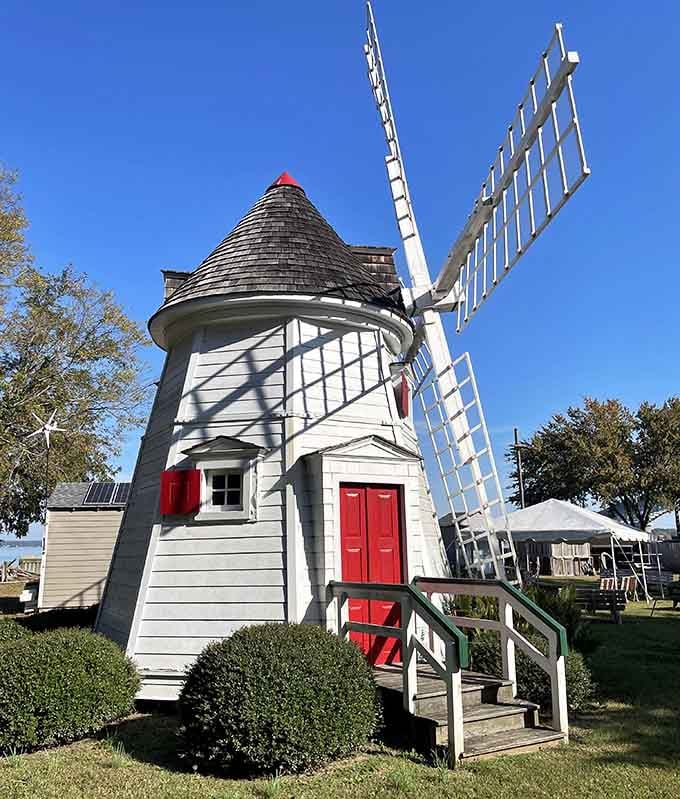 This charming windmill adds unexpected European flair to the historic waterfront, standing proud against brilliant blue skies.