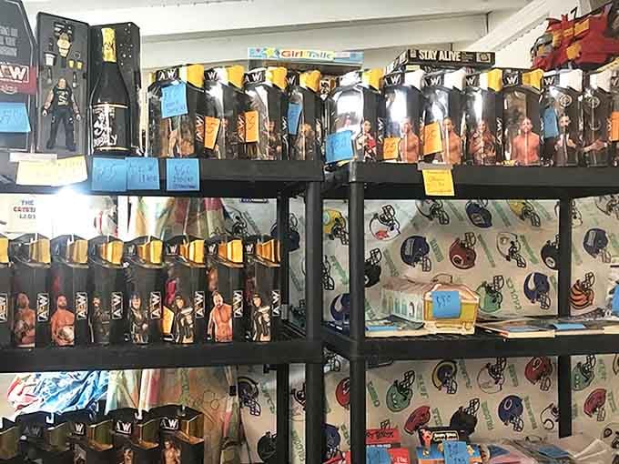 Wrestling figurines stand at attention, waiting for collectors to rescue them from their plastic prisons and give them a place of honor.