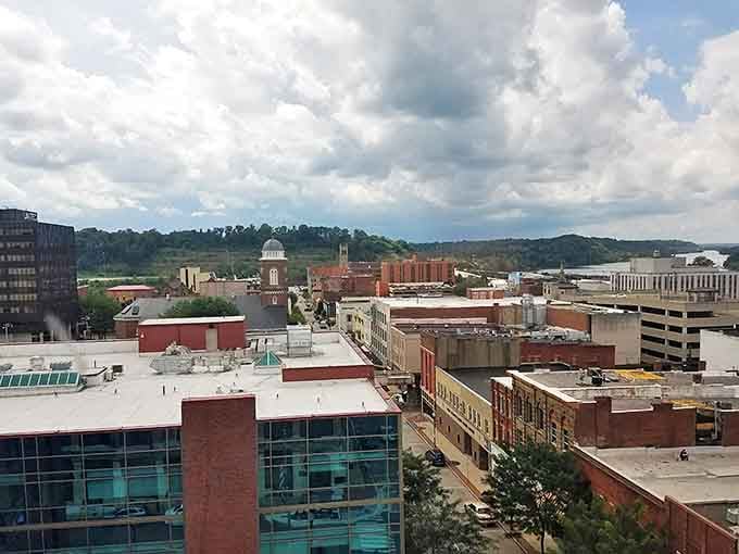 A bird's-eye view reveals Parkersburg's architectural tapestry, where modern glass meets century-old brick. The city skyline unfolds like chapters in a well-worn history book.
