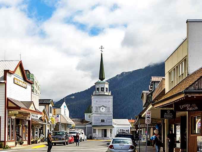 St. Michael's Cathedral stands sentinel in Sitka's heart, where history and small-town life converge under the watchful gaze of mountain peaks.
