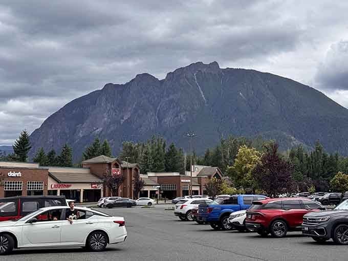 Mount Si towers over the shopping scene like nature's way of keeping our retail therapy properly humbled.