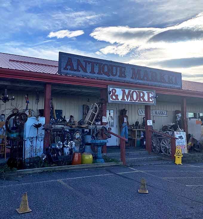The weathered sign promises more than just antiques&mdash;it's an invitation to explore Montana's collective memory under big sky.