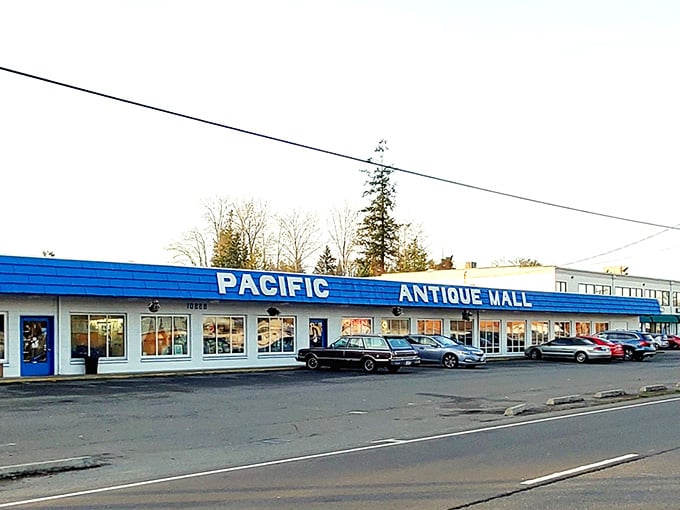 Stretching along the street like a blue ribbon of possibility, Pacific Antique Mall's exterior belies the labyrinth of memories and collectibles inside.