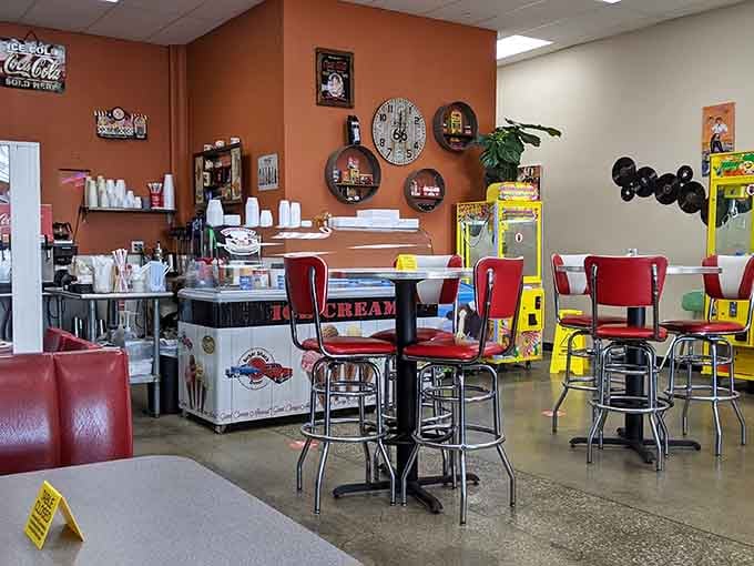 Classic red vinyl stools and vintage decor transport you to a simpler time when calories weren't counted and coffee refills were endless.