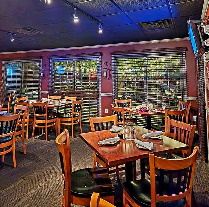 Cozy wooden tables and burgundy walls create that perfect "special occasion that doesn't require a tie" atmosphere we all crave.