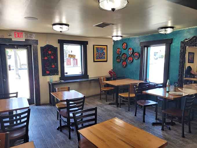 Simple wooden tables and turquoise accent walls create the perfect backdrop for the real stars&mdash;the plates of authentic Mexican cuisine about to arrive.