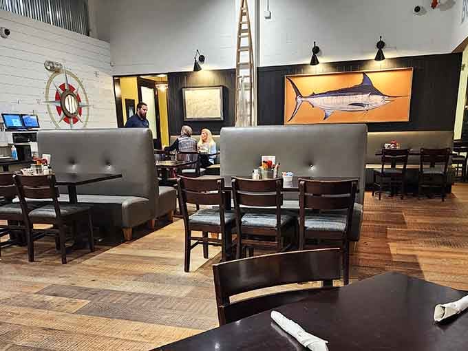 Nautical touches and comfortable seating create that perfect sweet spot between "nice enough for a celebration" and "casual enough for Tuesday lunch."