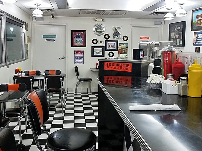 Black and white checkered floors, vinyl stools, and vintage records&mdash;this isn't decoration, it's a full-blown time travel experience.