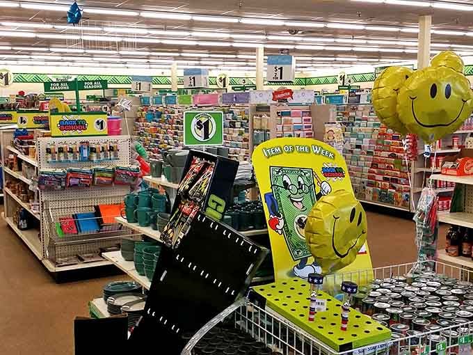 Aisles of possibility stretch before you, with cheerful yellow smiley balloons guiding the way to deals that'll have you grinning just as wide.