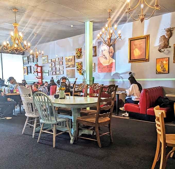 Mismatched chairs, elegant chandeliers, and eclectic art create that rare vibe of "grandma's house meets hip caf&eacute;" &ndash; comfort with a side of cool.