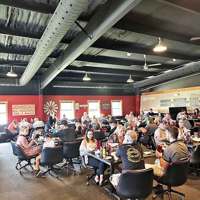 A bustling dining room where office chairs replace fancy seating. Comfort trumps pretension when the food is this good&mdash;exactly as it should be.