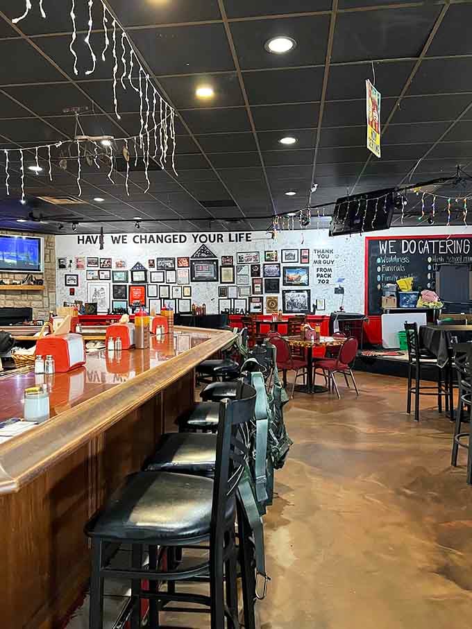 "Have we changed your life?" asks the wall. With that wooden bar and cozy interior, they're certainly setting the stage for a transformative meal.