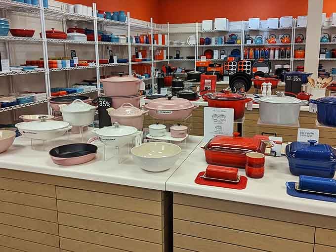 Le Creuset heaven awaits kitchen enthusiasts, where colorful Dutch ovens beckon like culinary jewelry. Your dinner parties will never be the same.